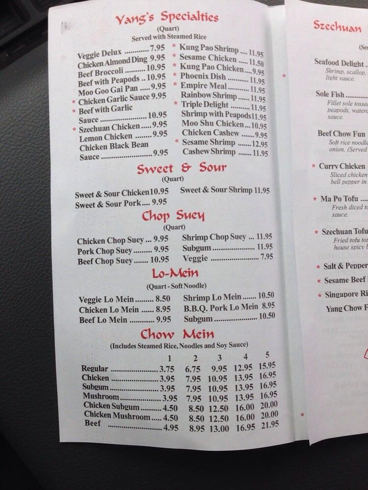 Menu at Yang's Chinese Restaurant, Woodbury