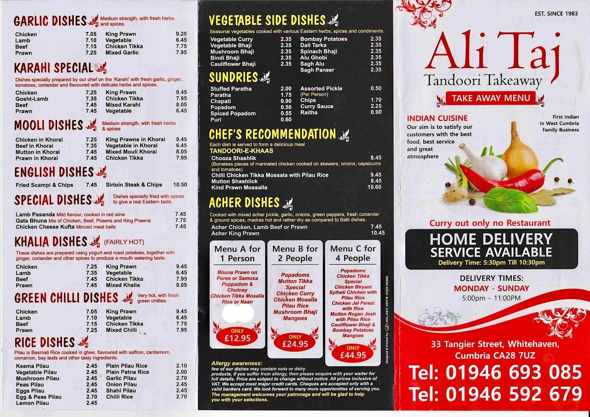 Menu at Ali Taj Takeaway restaurant, Whitehaven