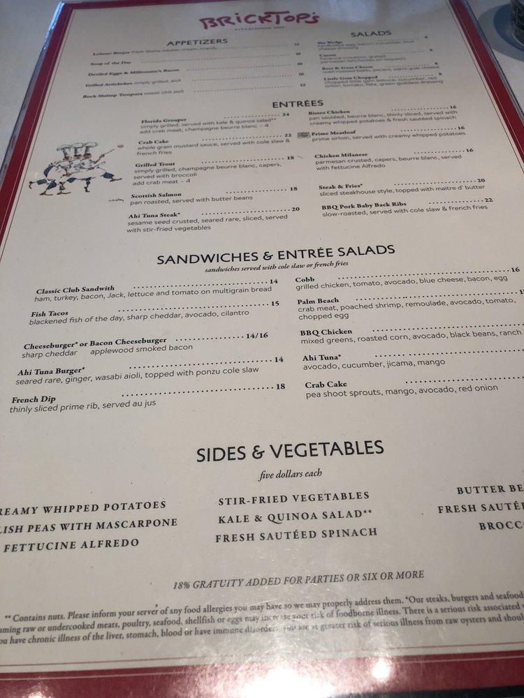 Menu at BrickTop's restaurant, Naples, Tamiami Trail N