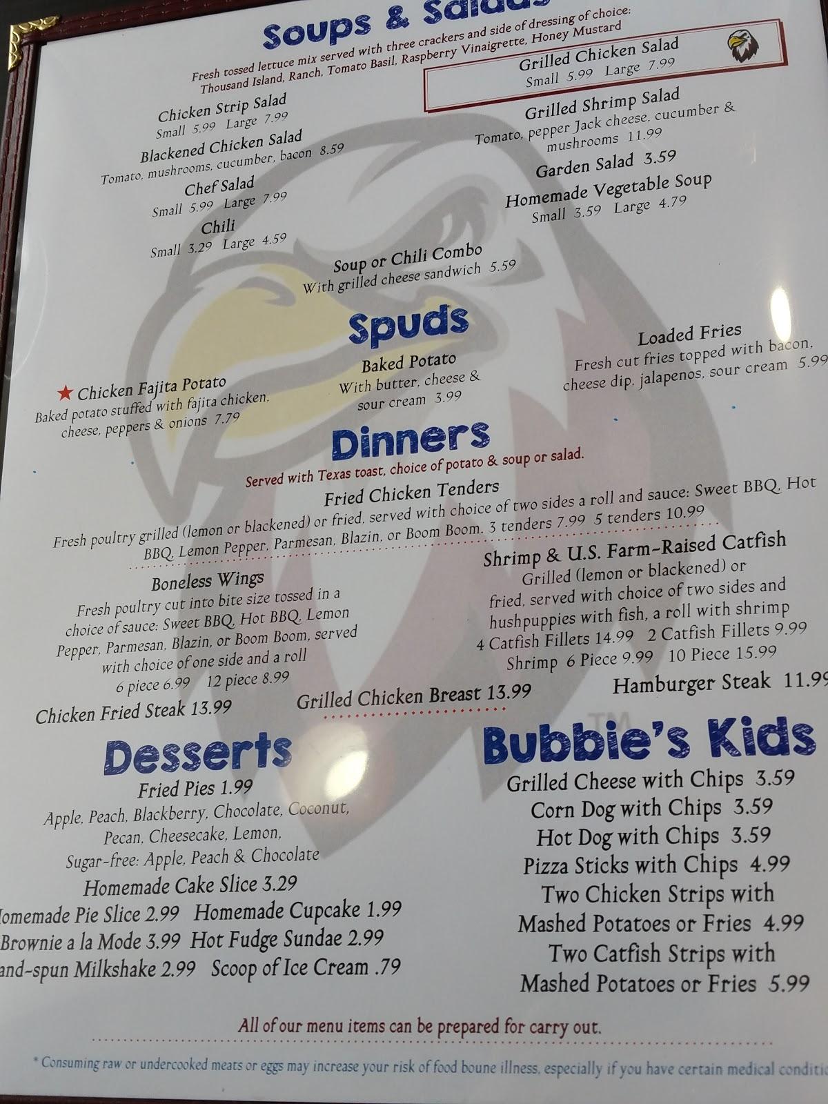 Menu at Bubbies restaurant, Crossett