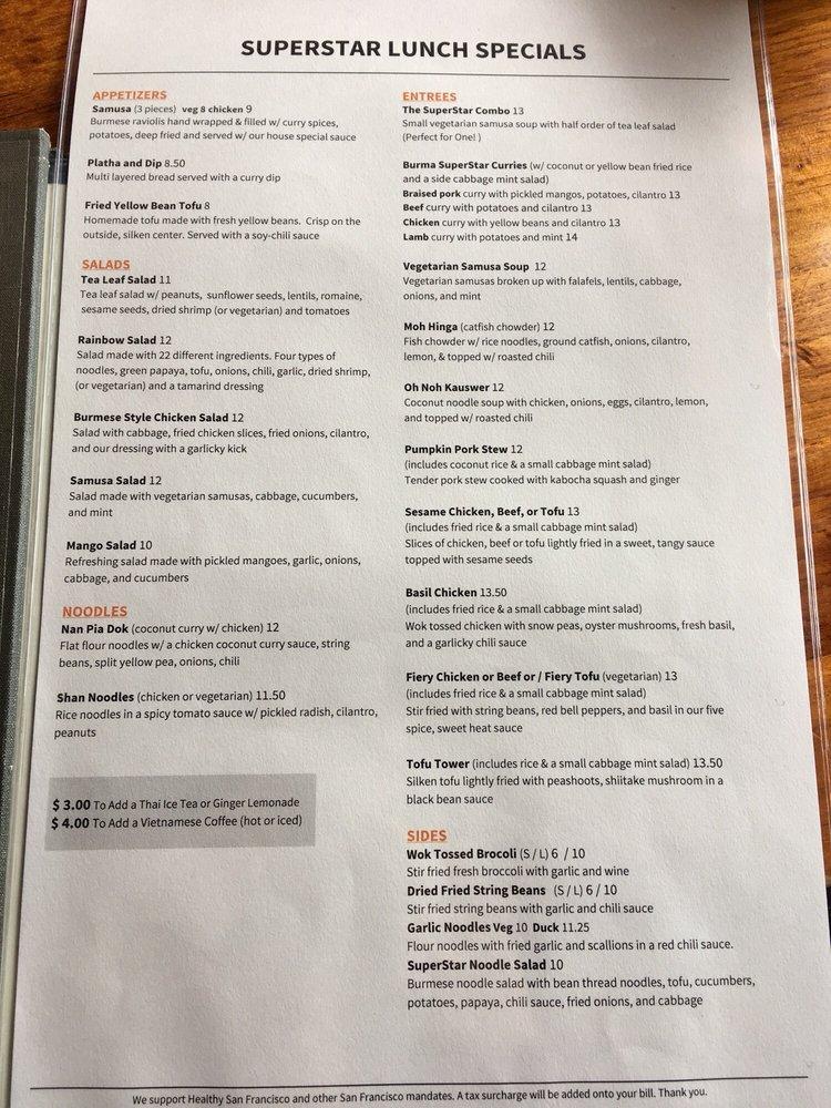 Menu at Burma Superstar restaurant, San Francisco, 309 Clement St
