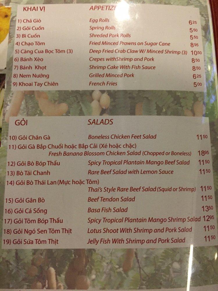 Menu at Danh's Garden restaurant, San Jose