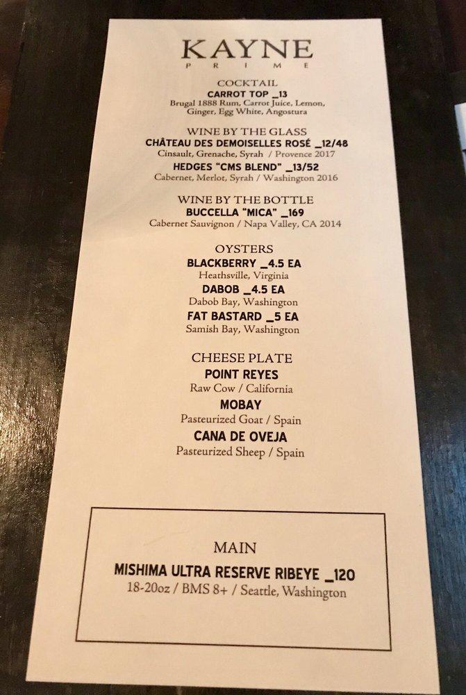 Menu at Kayne Prime Steakhouse, Nashville