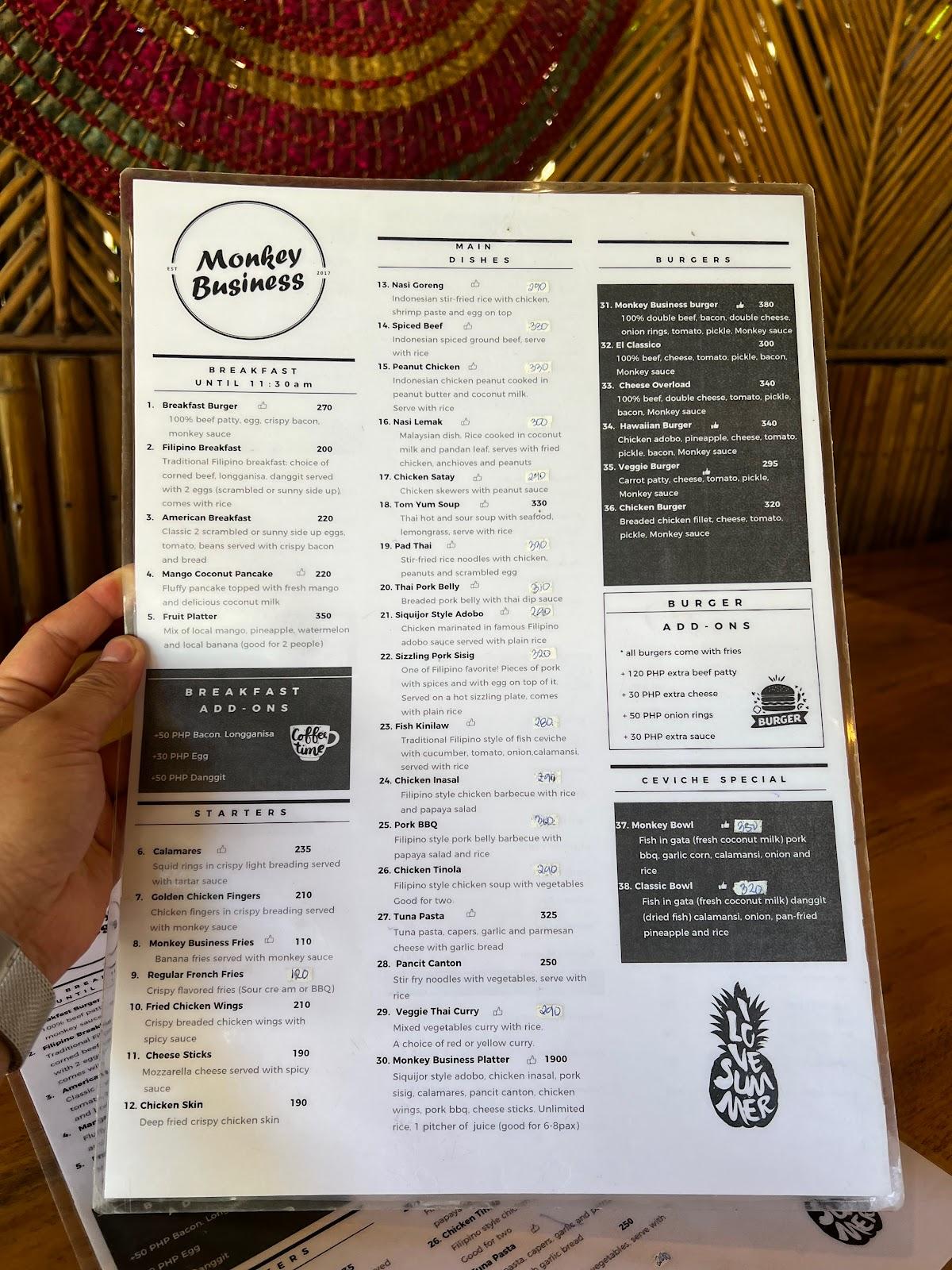 Menu at Monkey Business restaurant, San Juan