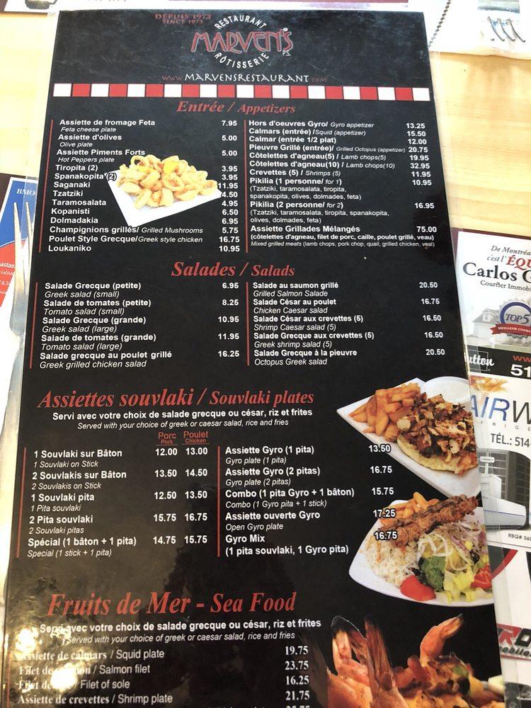 Menu at Marven's Restaurant, Montréal
