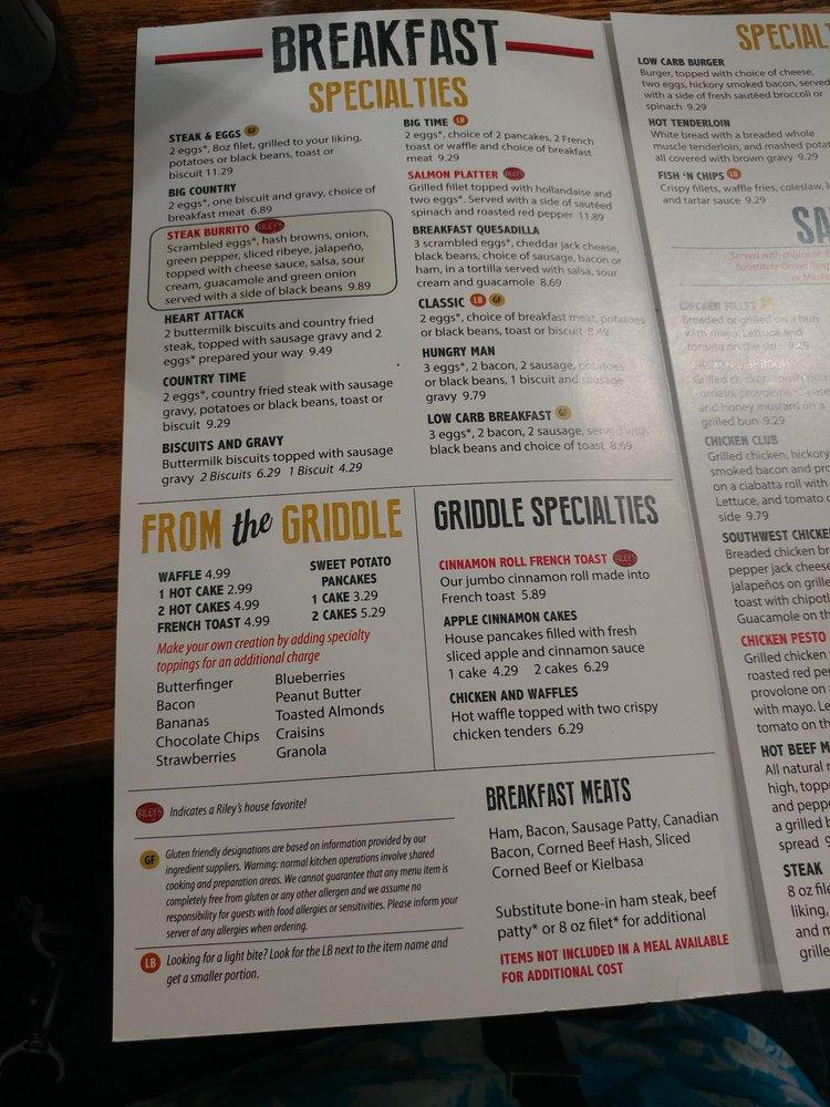 Menu at Riley's Cafe, Cedar Rapids, 836 1st Ave NE