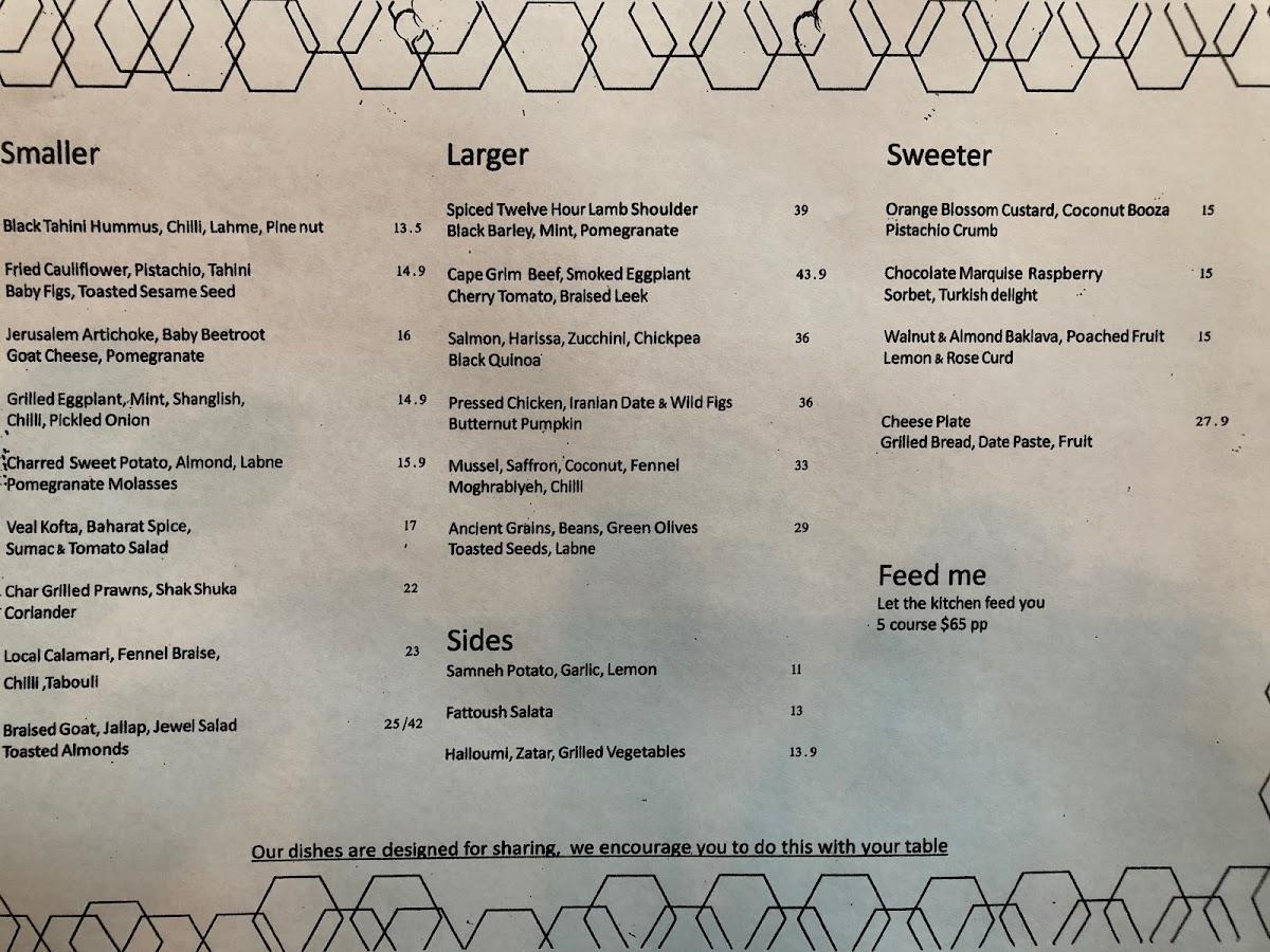 Menu at Syra restaurant, Battery Point