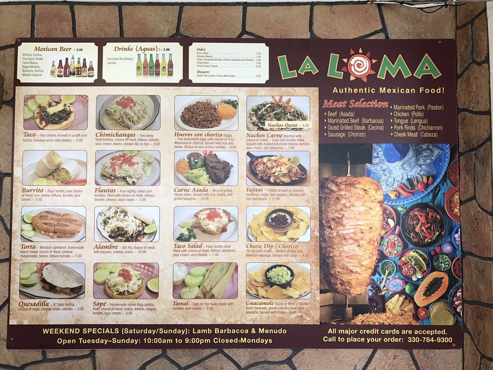 Menu at Taqueria La Loma restaurant, Akron, 459 Darrow Rd