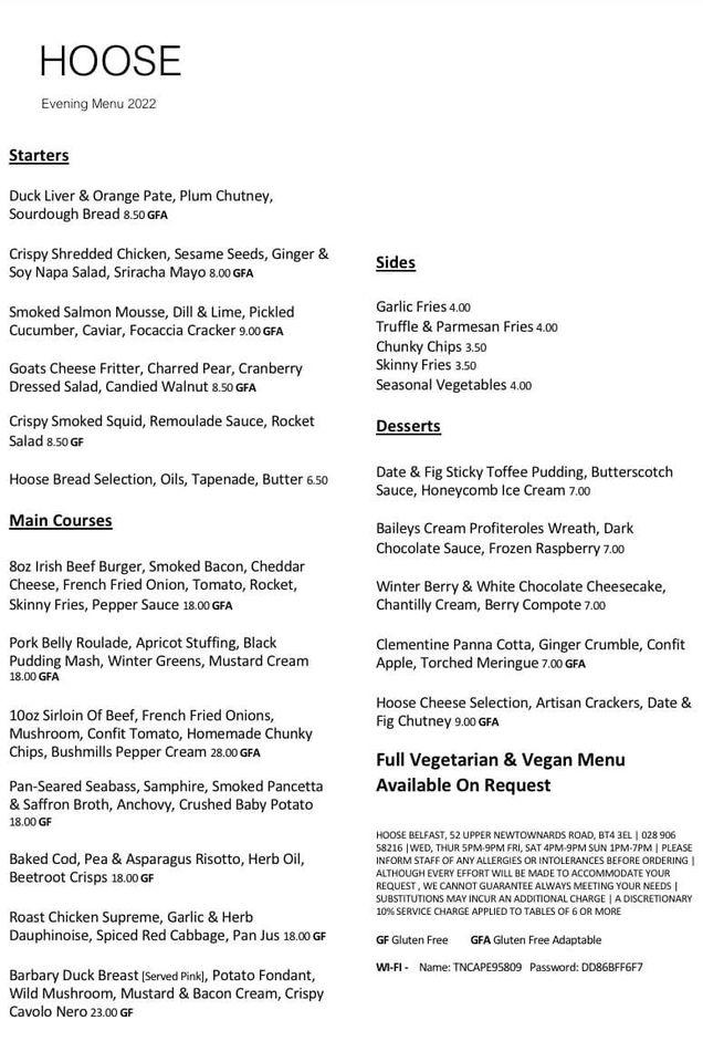 Menu at The Hoose Bistro restaurant, Belfast