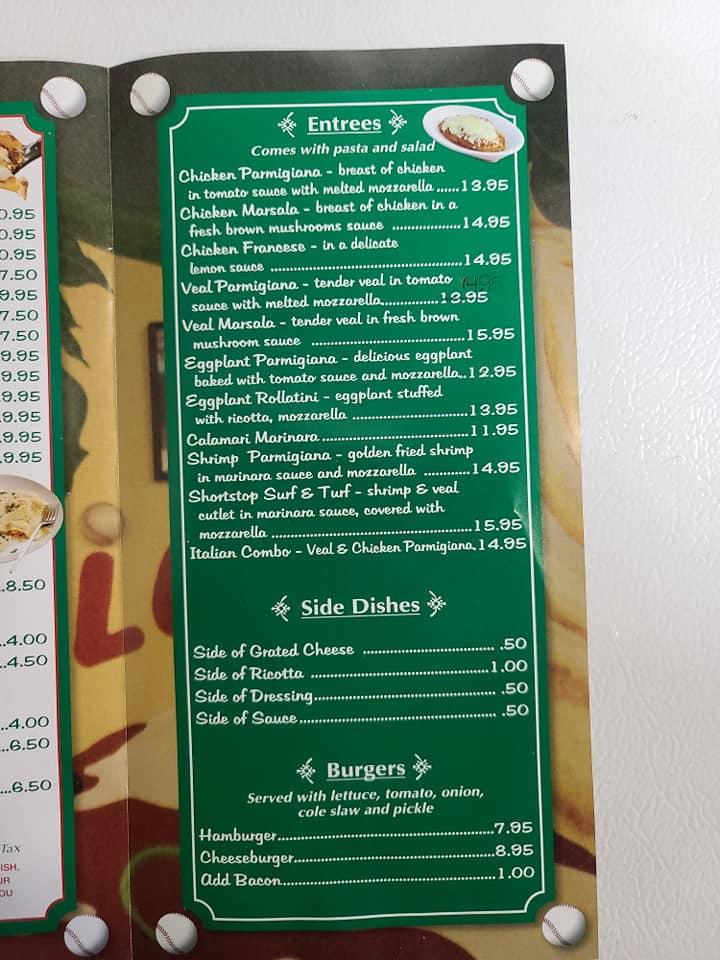 Menu at shortstop pizza pizzeria, Kings Park