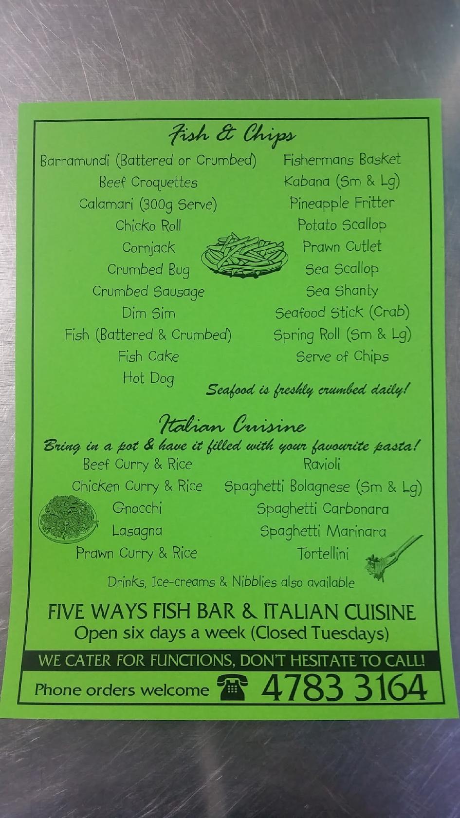 Menu at 5 Ways Fish Bar and Italian Cuisine., Ayr