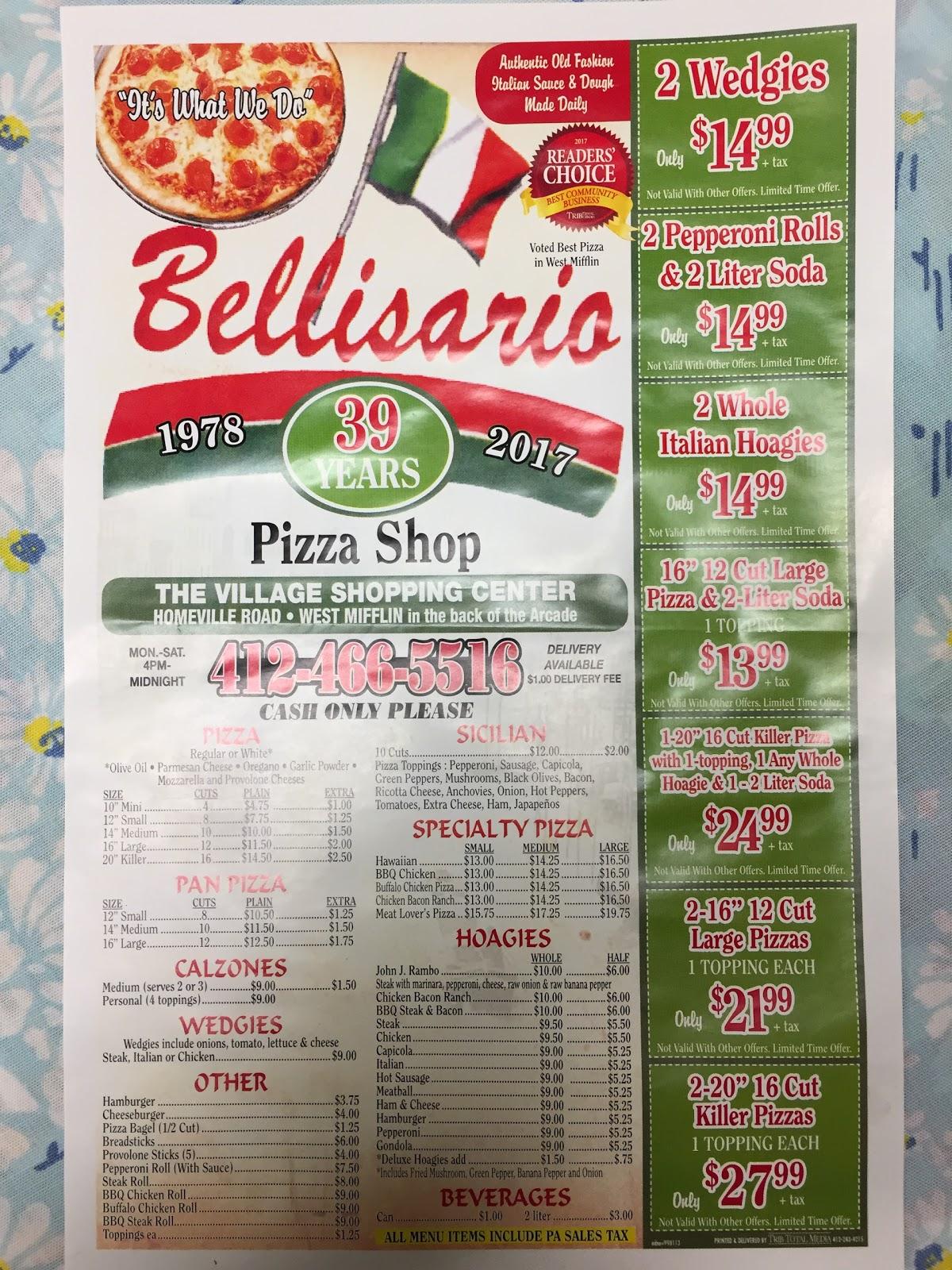 Menu at Bellisario Pizza Shop pizzeria, West Mifflin
