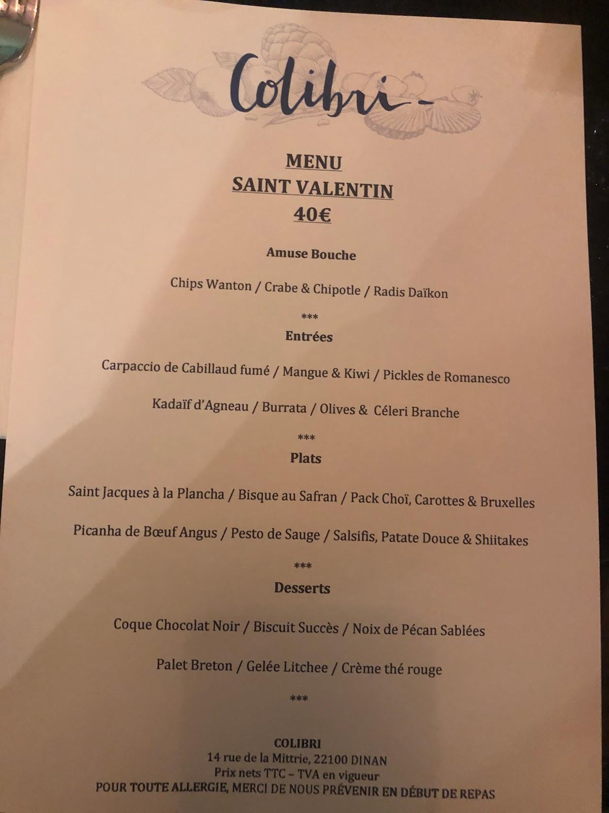 Menu at Colibri restaurant, Dinan