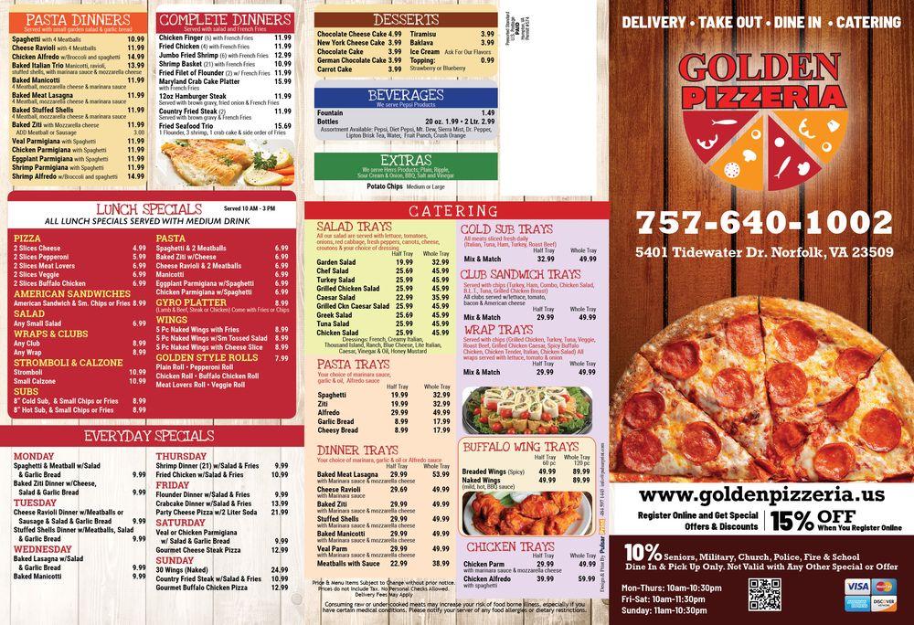 Menu at GOLDEN PIZZERIA, Norfolk, Tidewater Dr