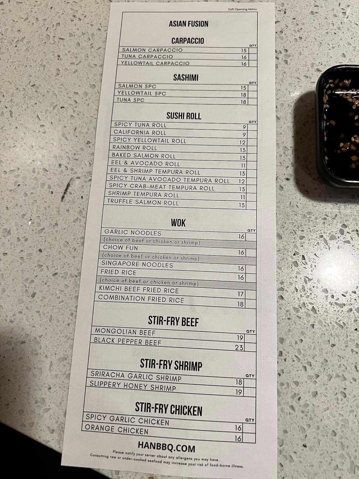 Menu at Han Korean BBQ House, Burbank