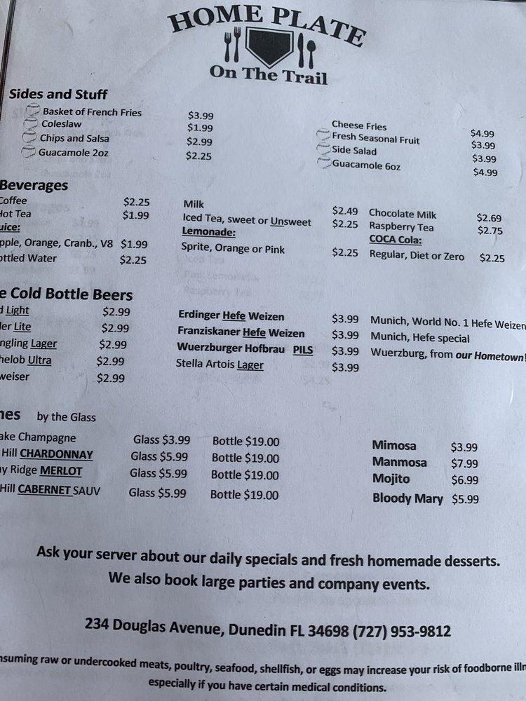 Menu at Home Plate on the Trail Restaurant, Dunedin