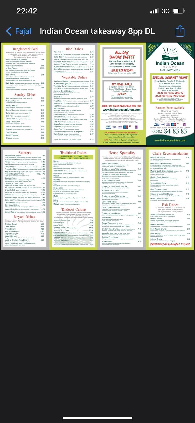 Menu at Indian Ocean restaurant, Luton, Sundon Park Rd