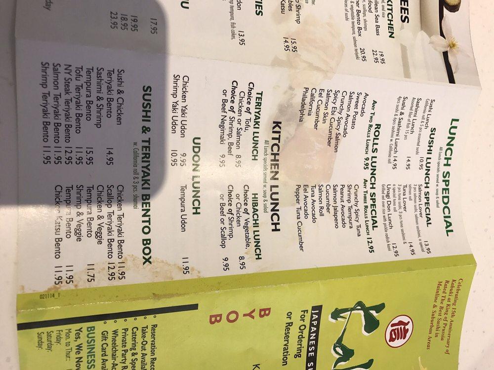 Menu at Kabuki Japanese Restaurant, King of Prussia