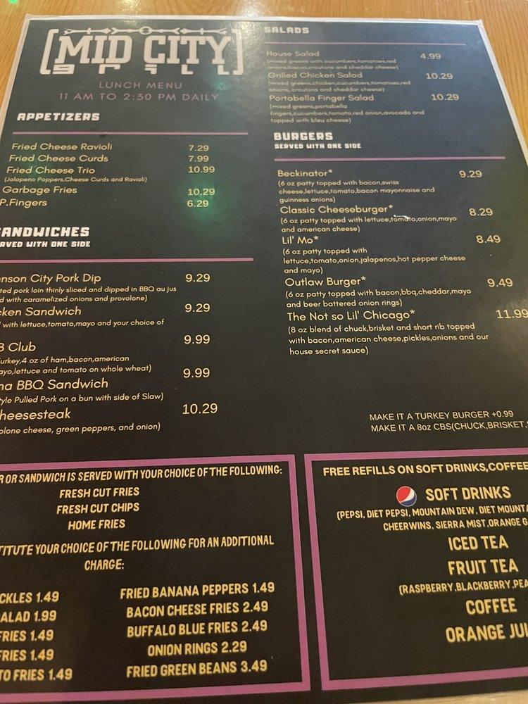 Menu at Mid City Grill restaurant, Johnson City