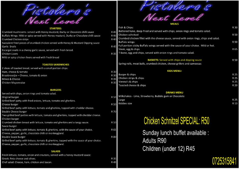 Menu at Pistolero's Next Level pub & bar, Bronkhorstspruit
