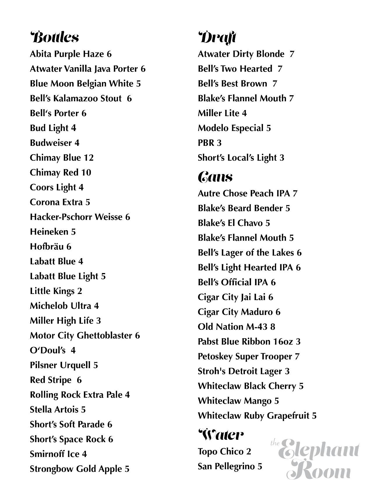 Menu at The Elephant Room restaurant, Detroit
