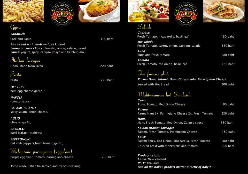 Menu at The Furious GYROS restaurant, Ko Samui