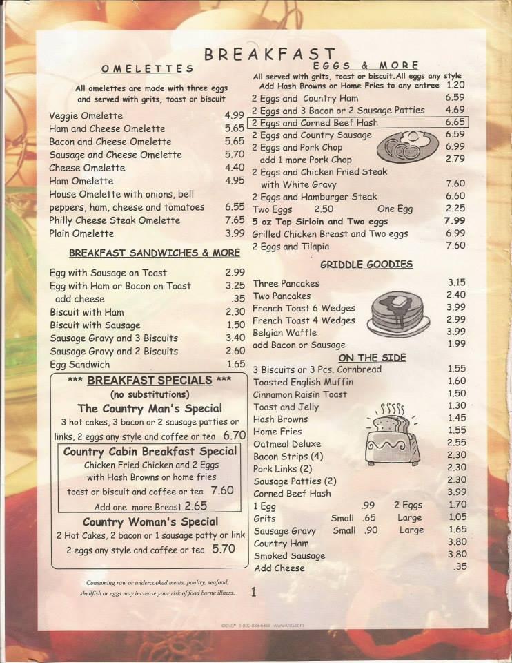 Menu at Country Cabin Restaurant, Orange Park, 789 Blanding Blvd