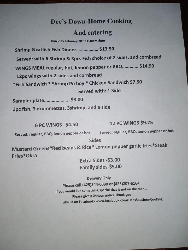 Menu at Dee's Southern Cooking restaurant, Everett