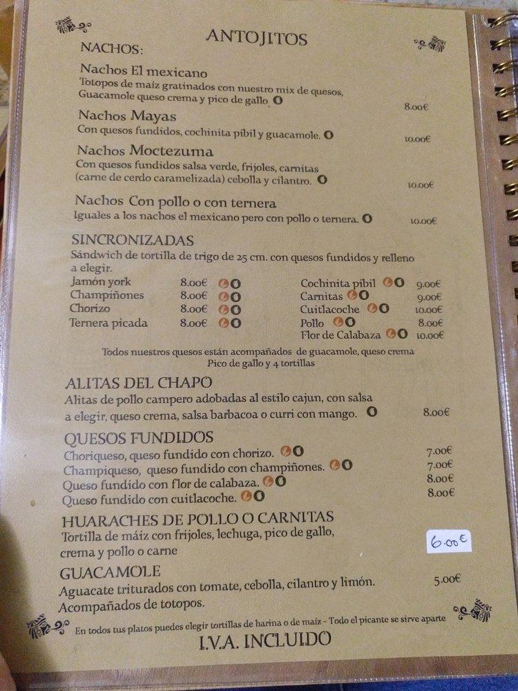 Menu at El Mexicano restaurant, Colombres