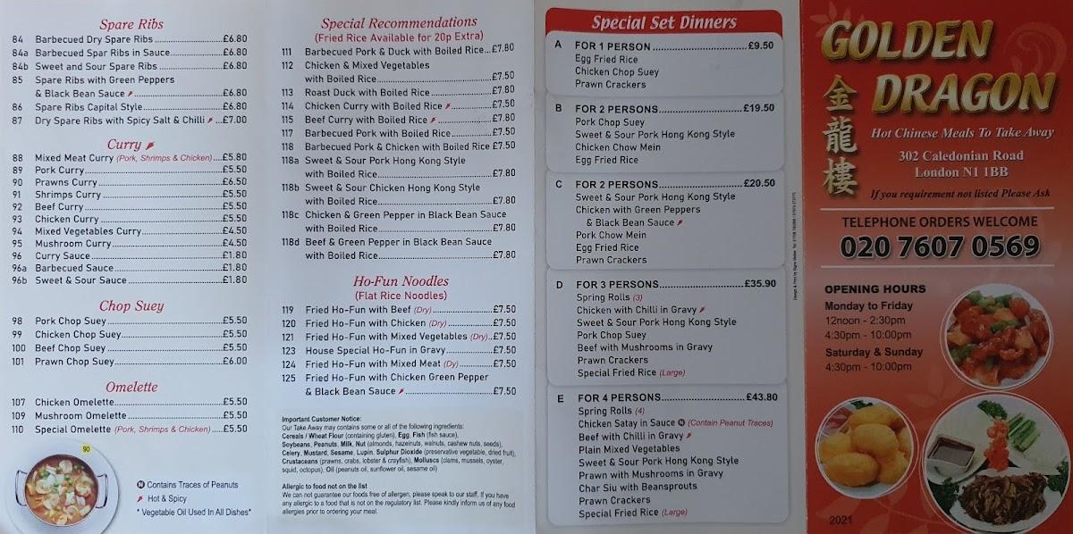 Menu at Golden Dragon restaurant, London, 302 Caledonian Rd