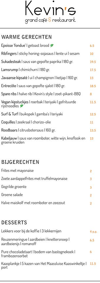 Menu at Kevin's grand café & restaurant, Maassluis