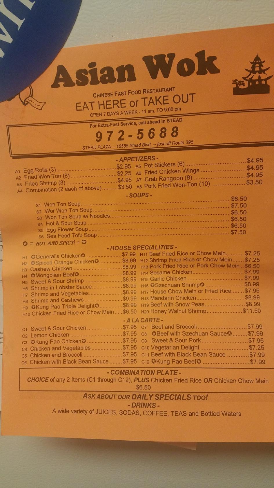 Menu at Asian Wok restaurant, Reno, Stead Blvd