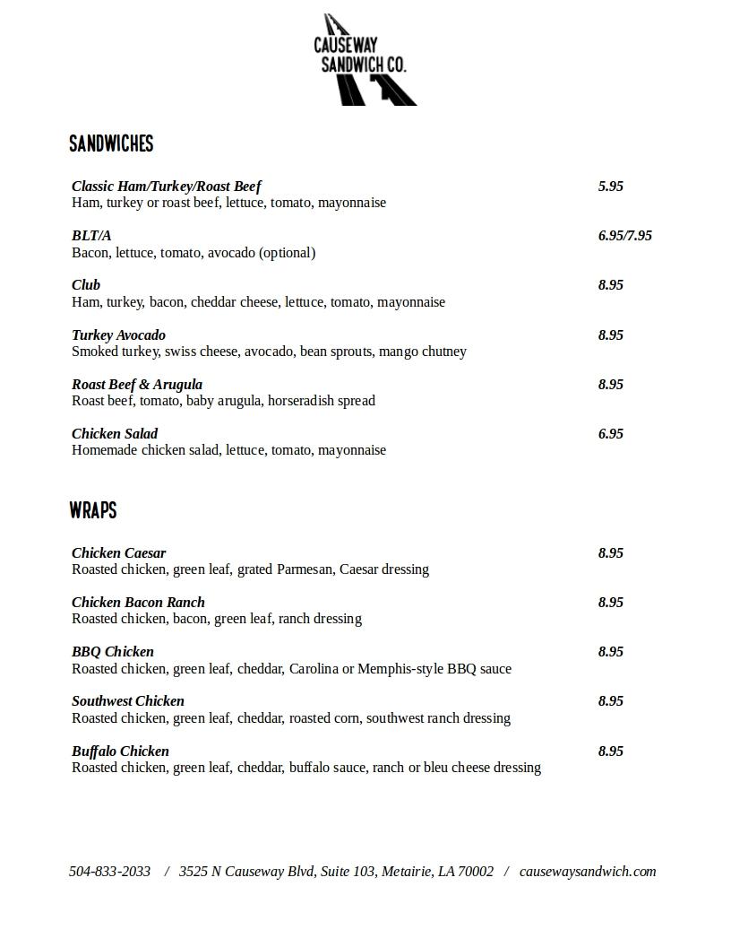 Menu at Causeway Cafe, Metairie