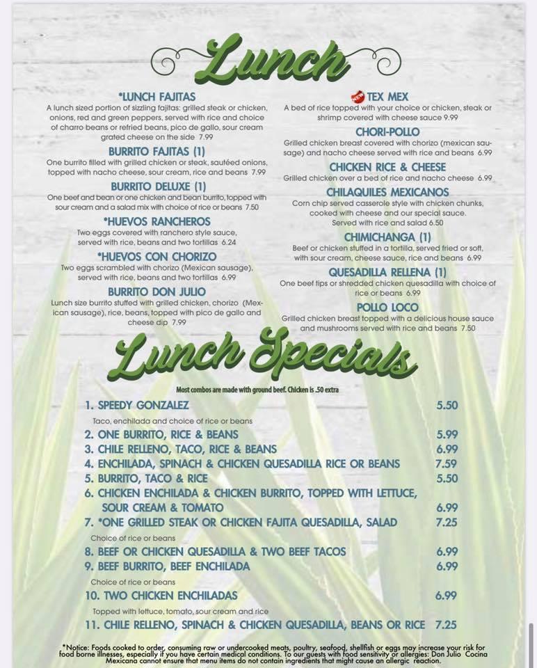 Menu at Don Julio Cocina Mexicana restaurant, Asheboro