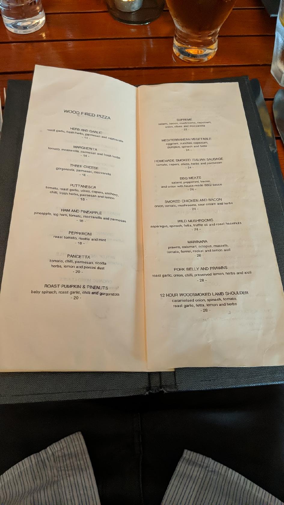 Menu at Patsy's restaurant, Urunga