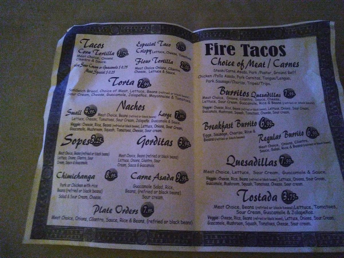 Menu at Fire Tacos restaurant, Sarasota
