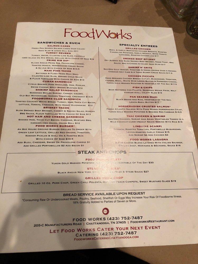 Menu at Food Works restaurant, Chattanooga