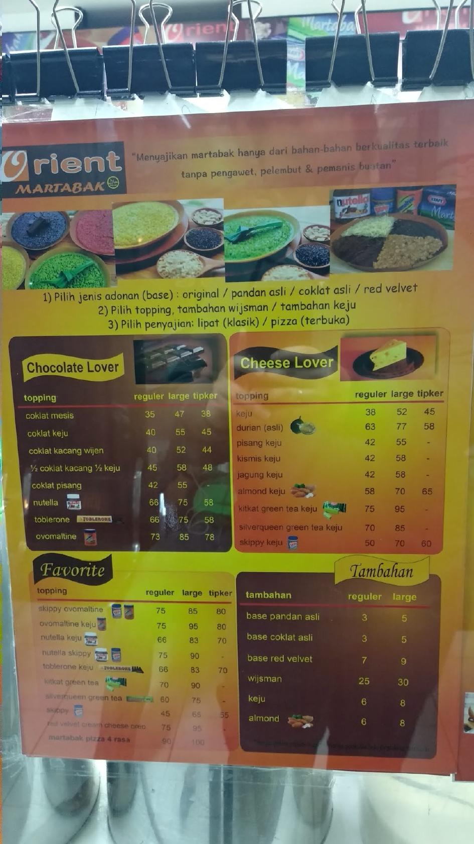 Menu at Martabak Orient restaurant, South Jakarta