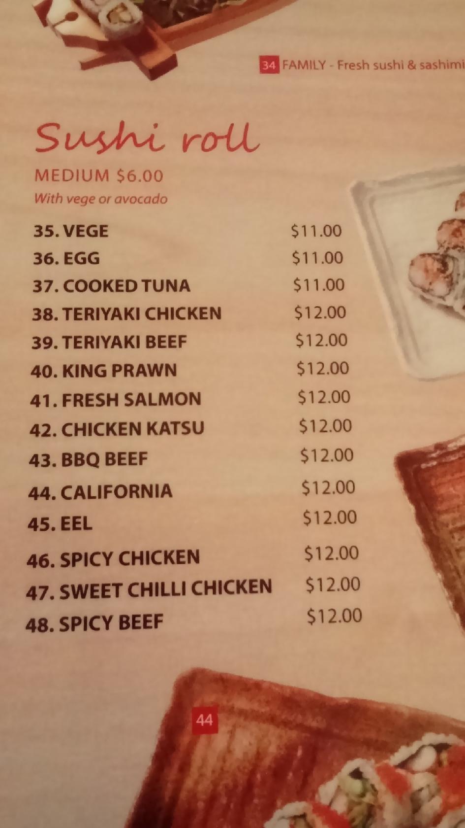 Menu at Moon's Sushi restaurant, Nowra