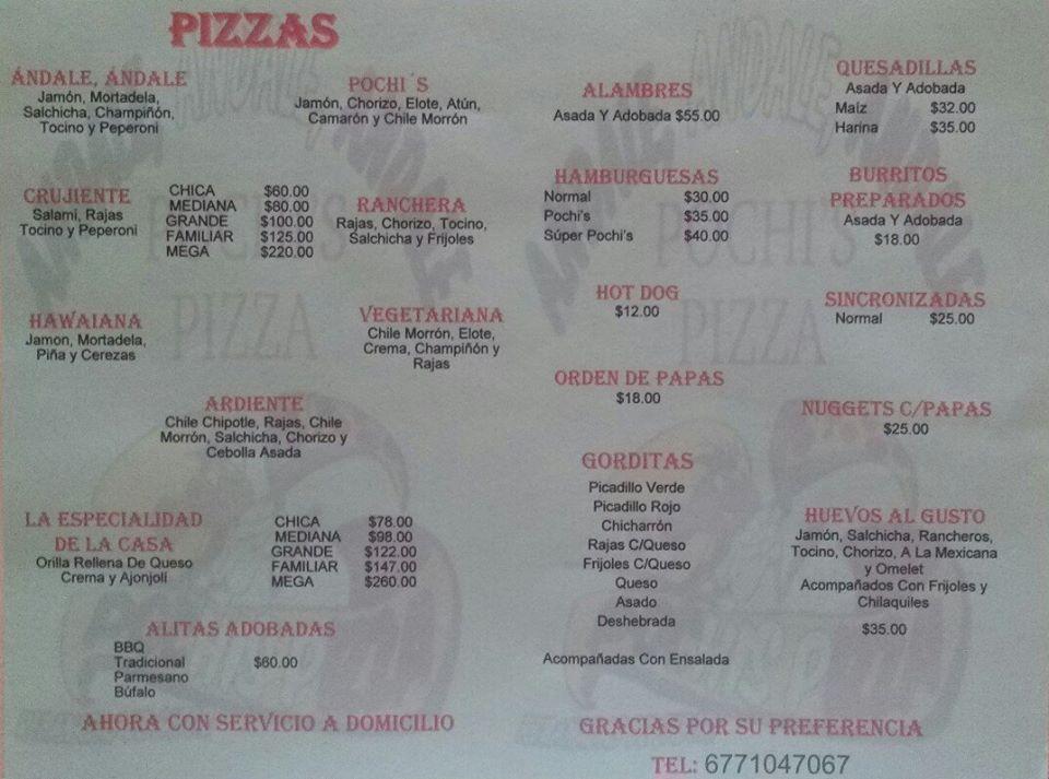 Menu at Pizzas Pochis restaurant, Nuevo Ideal