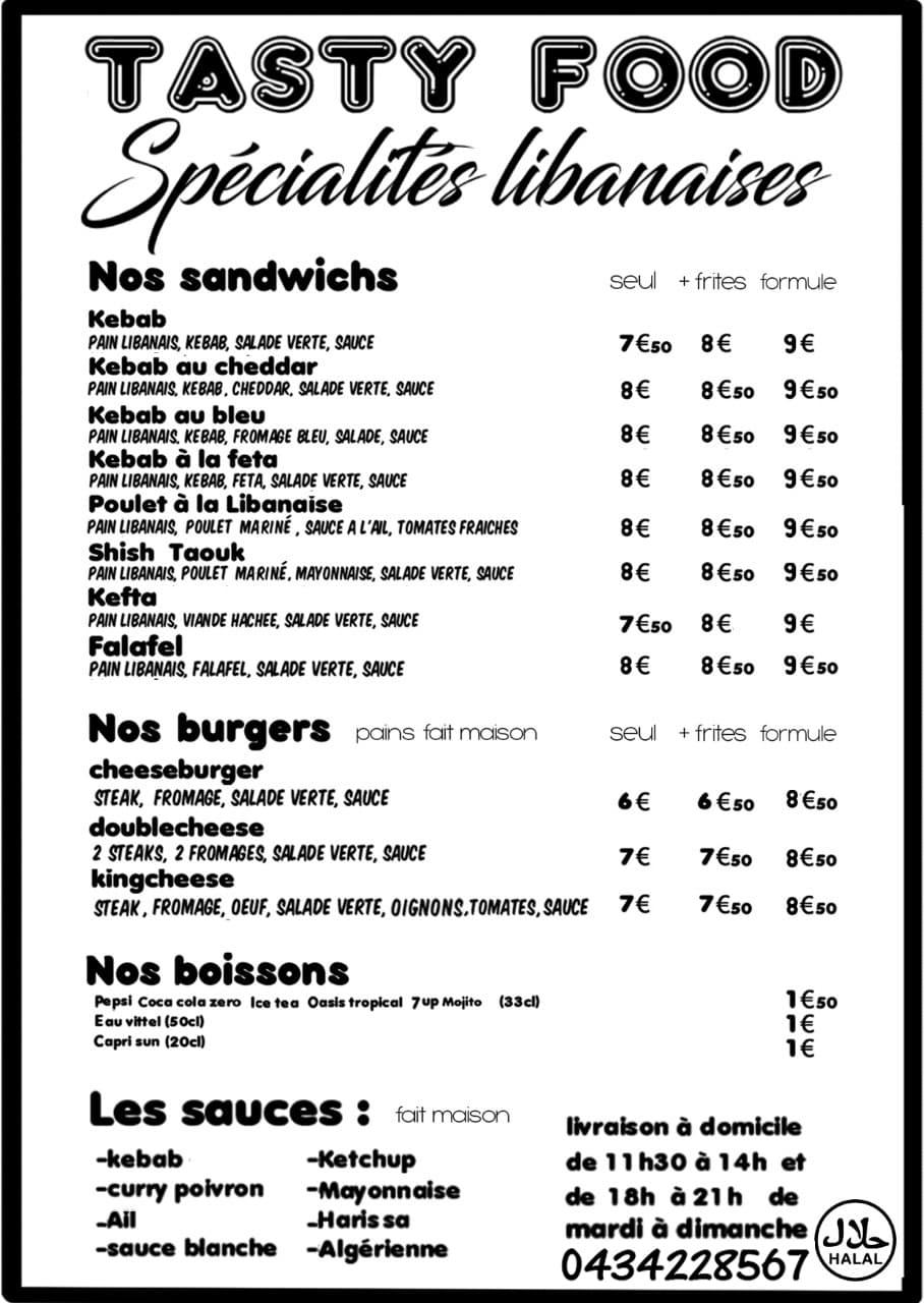 Menu at Tasty Food restaurant, Montpellier