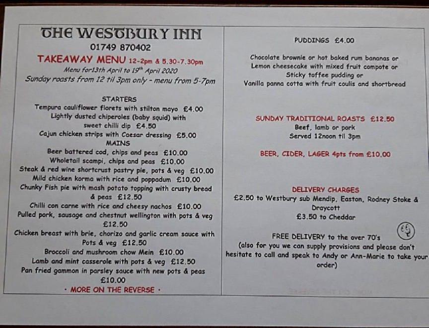 Menu at The Westbury Inn pub & bar, Wookey