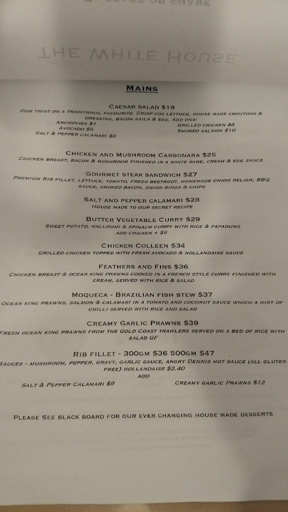 Menu at The White House of Waterford steakhouse, Waterford