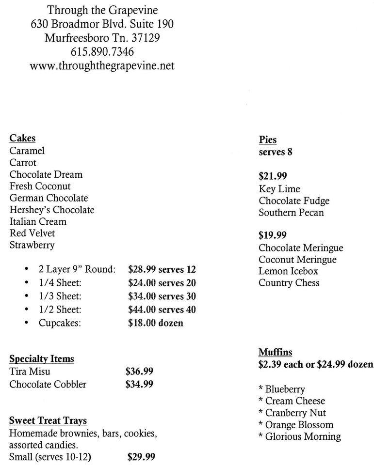 Menu at Through The Grapevine restaurant, Murfreesboro