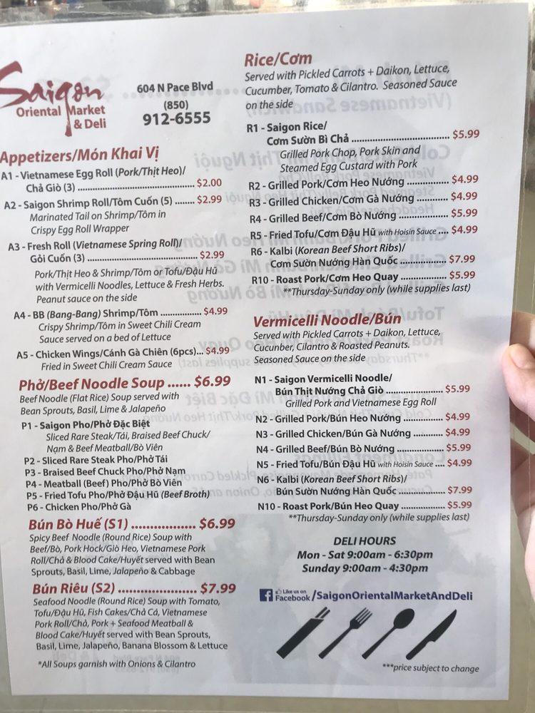 Menu at Saigon Oriental Market and Deli restaurant, Pensacola