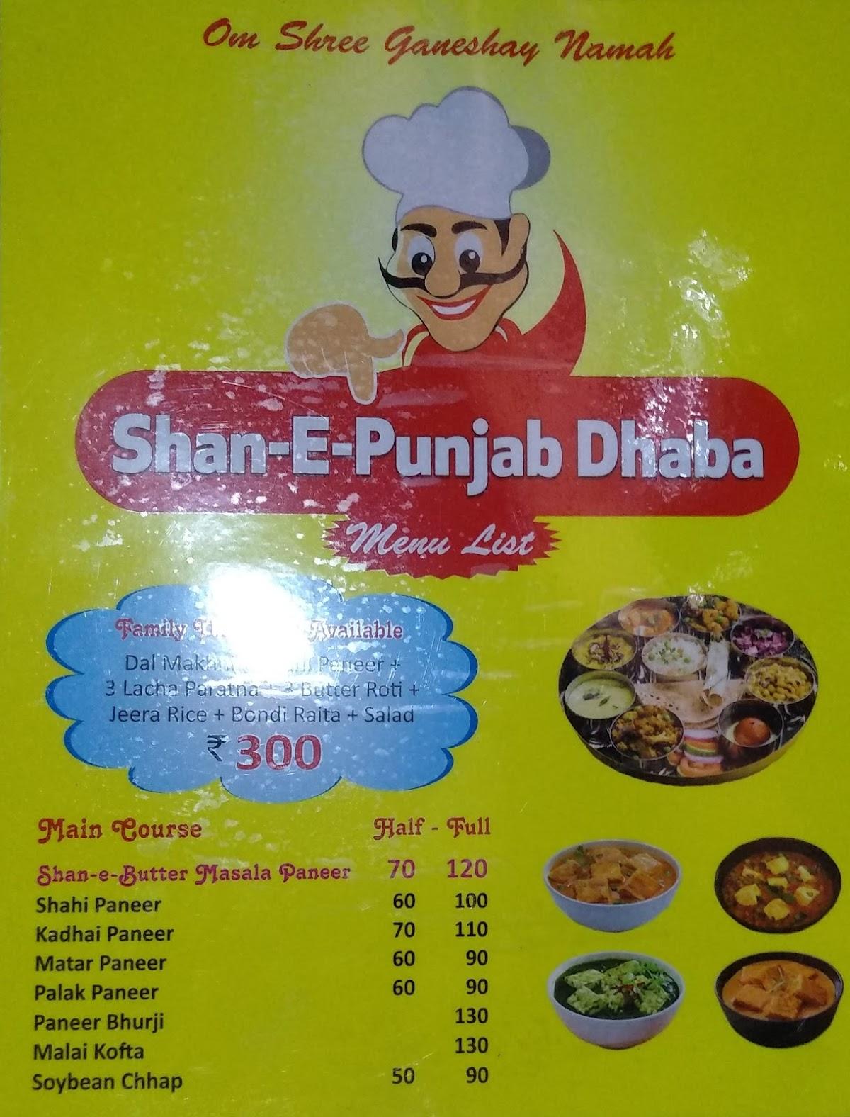 Menu at Shan A Punjab Dhaba, India