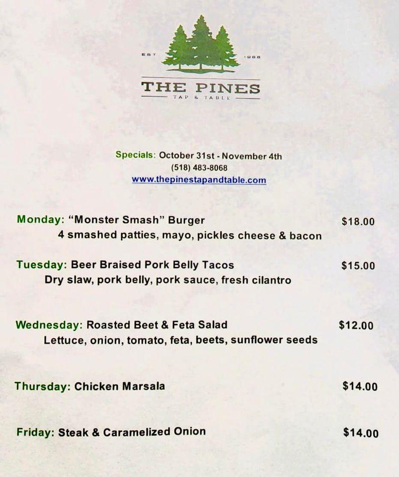 Menu at The Pines Tap and Table pub & bar, Malone
