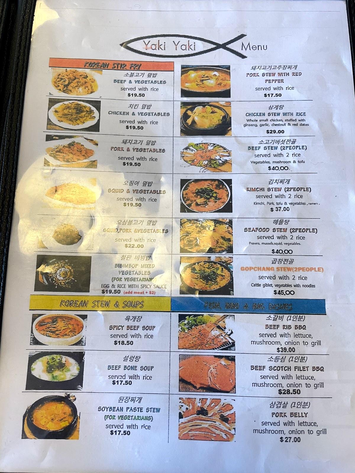 Menu at Yaki Yaki Korean Restaurant, Rotorua