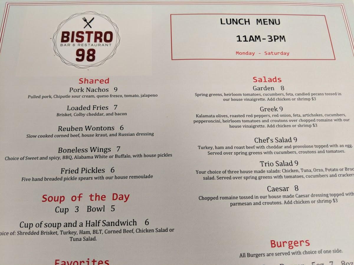 Menu at Bistro 98 restaurant, Pensacola Beach