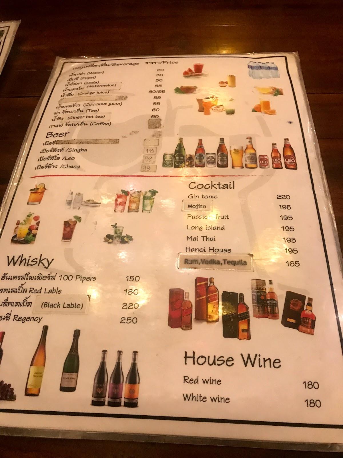 Menu at Hanoi House restaurant, Bangkok